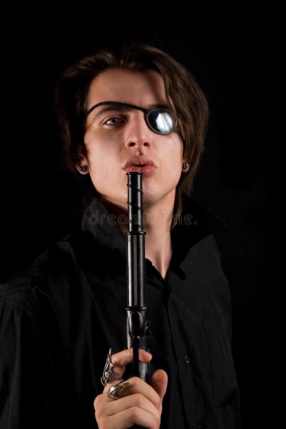 Handsome Pirate with Eye-patch Shooting from Gun Stock Image - Image of ...