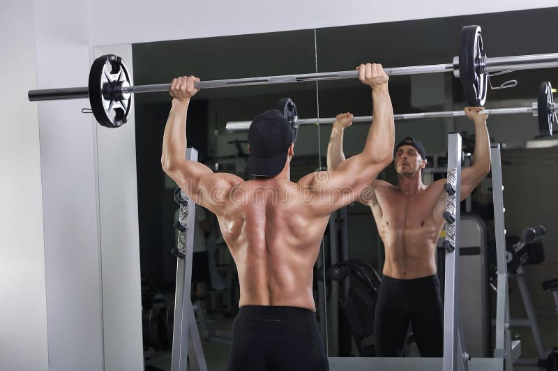 Handsome Powerful Athletic Man Doing Barbell Shoulder Press Stock Photo ...
