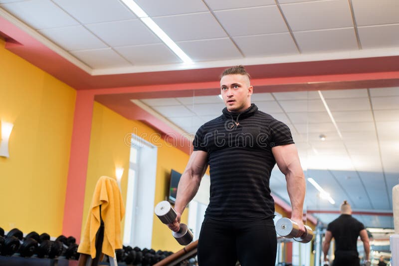 Handsome Powerful Athletic Man Doing Barbell Shoulder Press Exercise ...