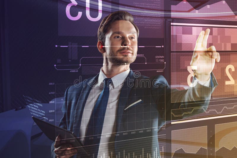 Attractive Elegant Man Smiling while Touching the Screen Stock Photo ...