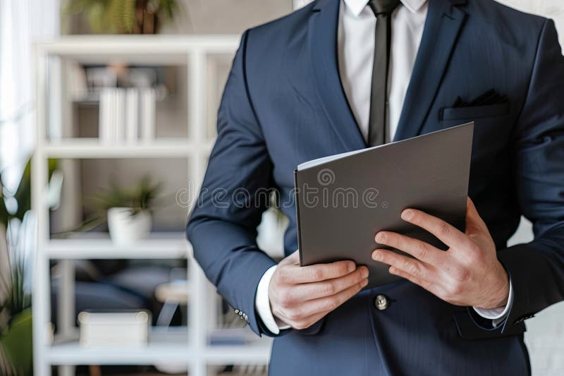 Handsome Real Estate Agent Holds a Folder in Hands and Shows Apartment ...