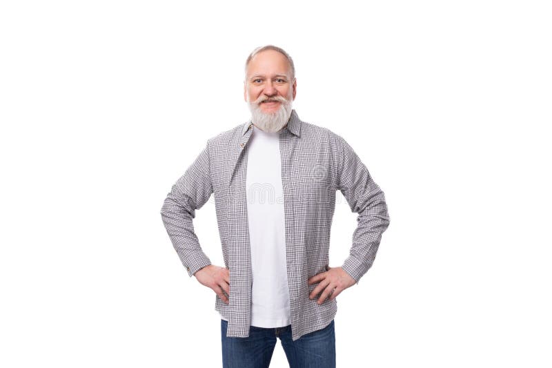 Handsome Retired Man with a Beard and a Big Mustache is Dressed in a ...