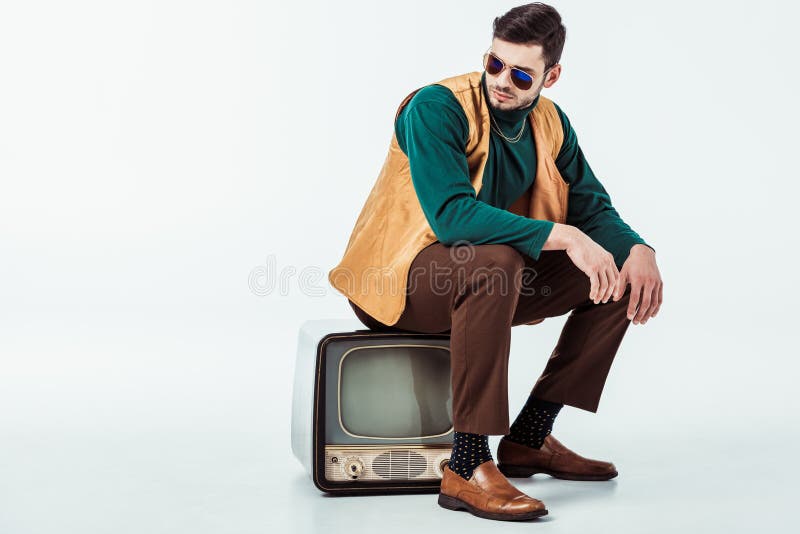 Handsome Retro Styled Man Sitting on Vintage Television Stock Image ...