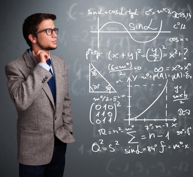 Handsome School Boy Thinking about Complex Mathematical Signs Stock ...