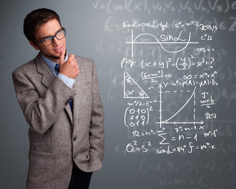 Handsome School Boy Thinking about Complex Mathematical Signs Stock ...