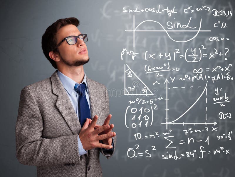 Handsome School Boy Thinking about Complex Mathematical Signs Stock ...