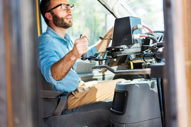 Handsome School Bus Driver and Schoolboy Stock Photo - Image of ...