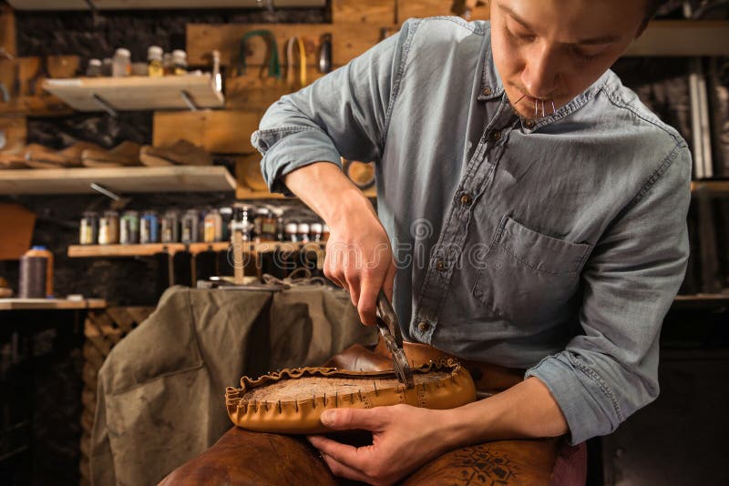 Handsome Shoemaker Sitting in Workshop Making Shoes Stock Photo - Image ...