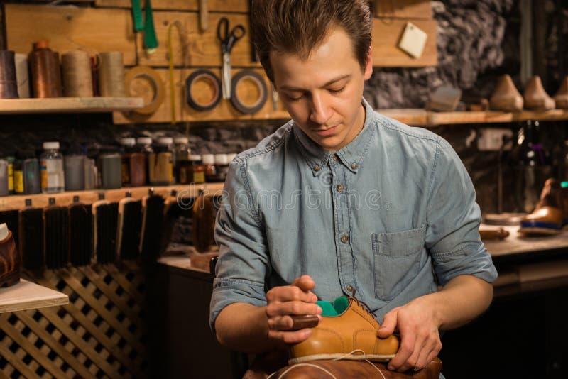 Handsome Shoemaker Sitting in Workshop Making Shoes Stock Photo - Image ...