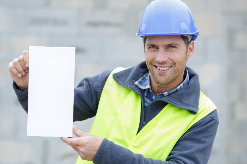 Handsome Smiling Man Showing Board Stock Image - Image of sign, message ...