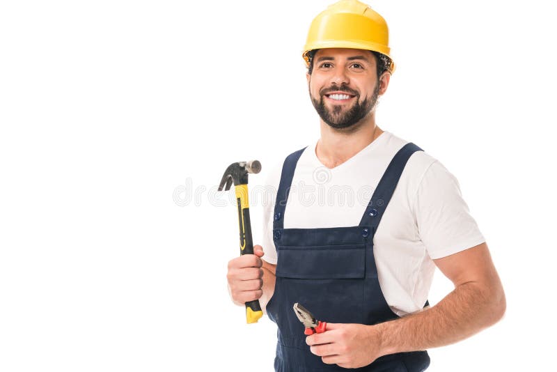 Handsome Smiling Workman Holding Pliers and Hammer Stock Photo - Image ...