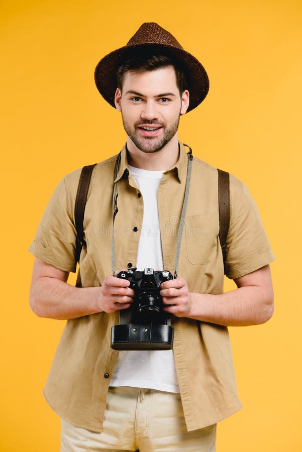 Handsome Smiling Young Man in Hat Holding Camera Stock Image - Image of ...