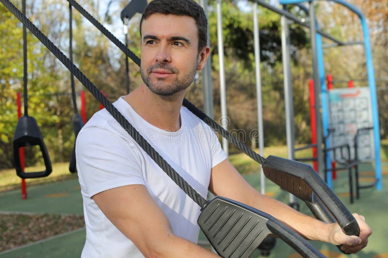 Handsome Sportive Man in Modern Outdoor Gym Stock Image - Image of ...