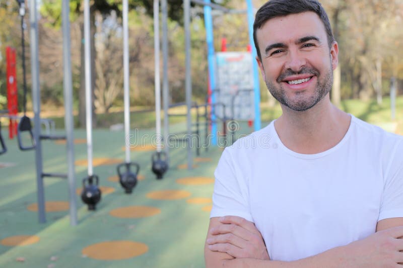 Handsome Sportive Man in Modern Outdoor Gym Stock Photo - Image of ...