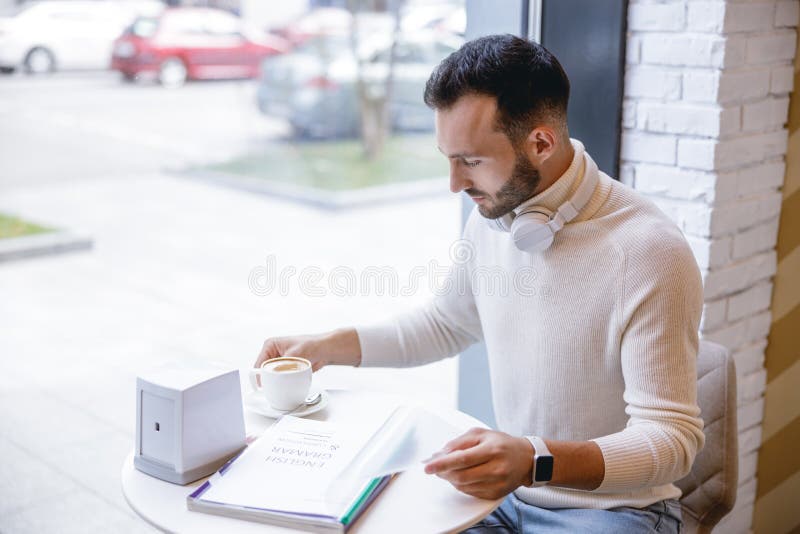 Handsome Student Preparing for His Test in Cafe Stock Photo - Image of ...