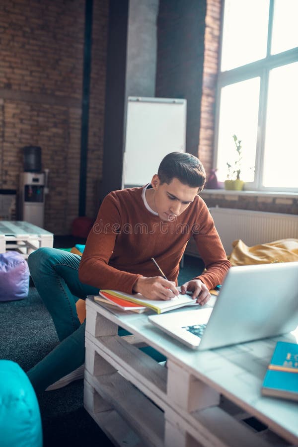 Handsome Student Sitting in Front of Laptop and Studying Hard Stock ...