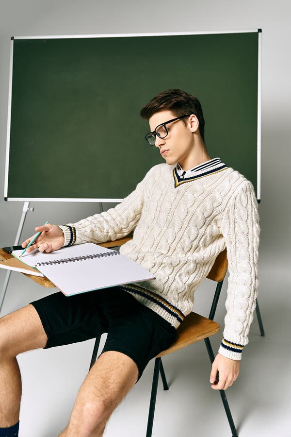 Handsome Student in Uniform Sitting in Stock Image - Image of lesson ...
