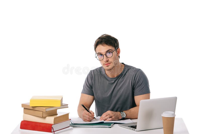 Handsome Student Writing Something at Table Stock Image - Image of ...