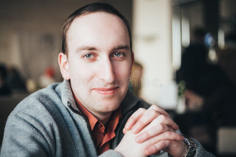 Handsome Thinking Man Sitting in Cafe Stock Photo - Image of close ...