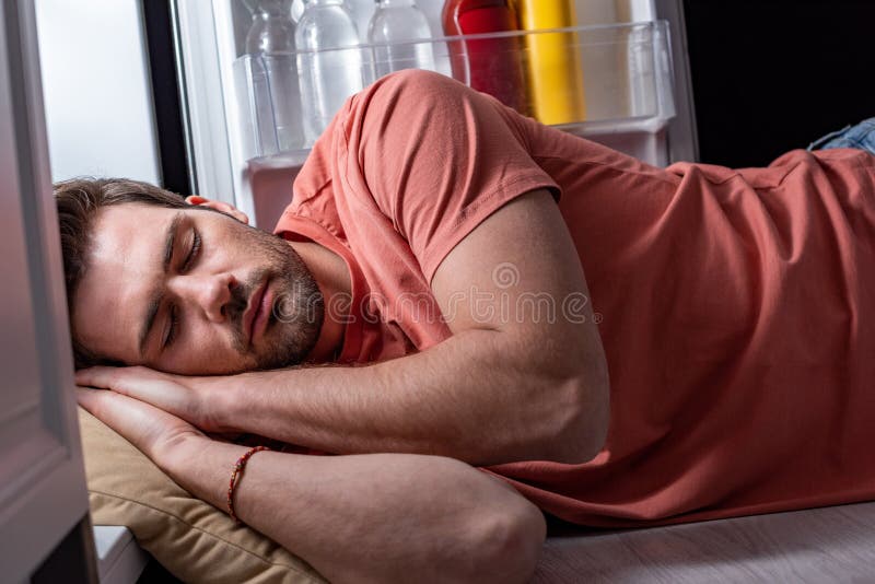 Tired Man Sleeping on Floor in Kitchen Near Open Refrigerator Stock ...