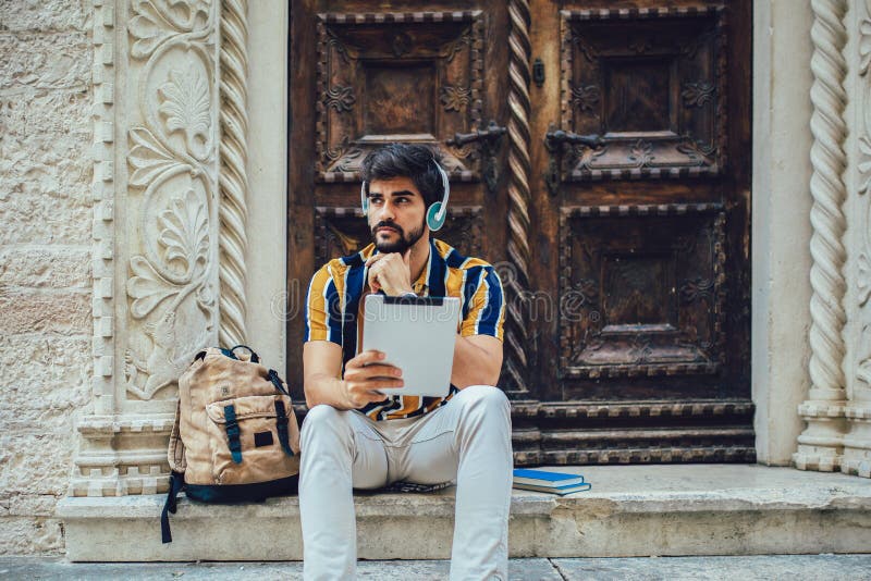 Handsome Tourist Men Using Digital Tablet in a City Stock Image - Image ...