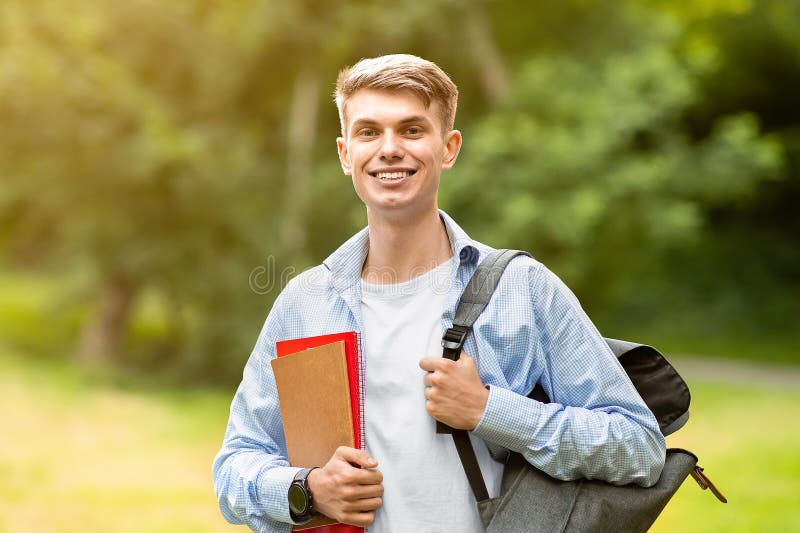 Portrait Handsome University Student Guy Backpack Workbooks Posing ...