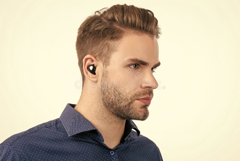 Handsome Unshaven Man with Wireless Bluetooth Earphones Isolated on ...
