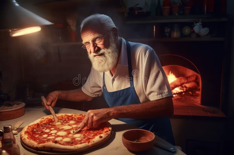 A Handsome White-bearded Senior Man Making Pizza in Front of a ...