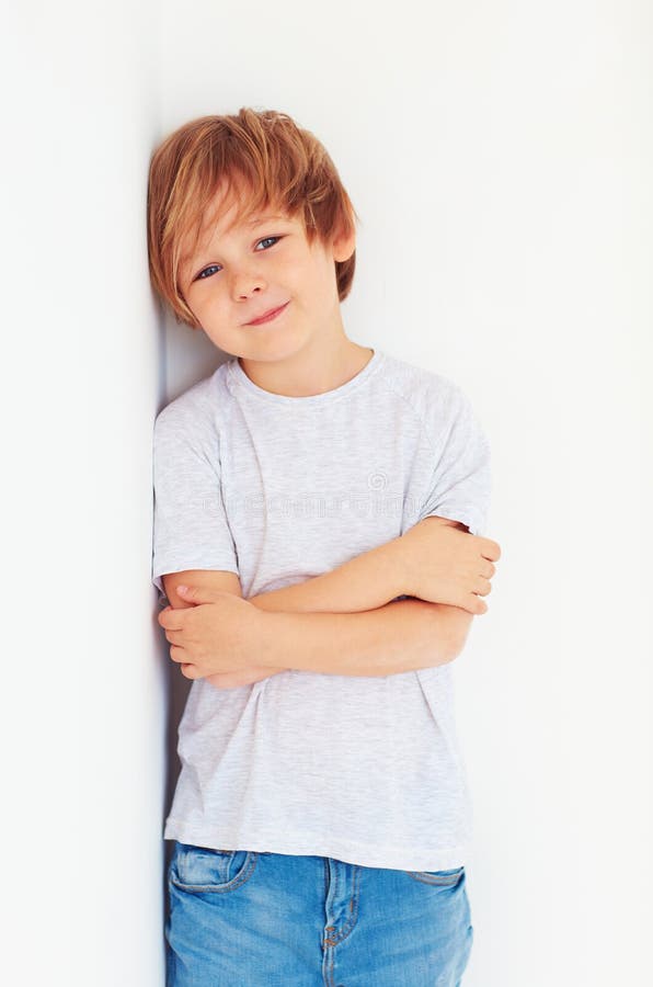 Handsome Young Boy, Kid Posing Near the White Wall Stock Photo - Image ...