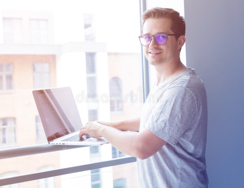 Handsome Young Freelancer Man Using Laptop Computer Stock Image - Image ...