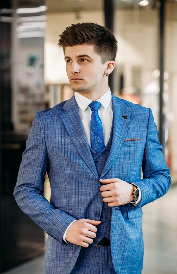 Handsome Young Guy Model Posing in Blue Suit Stock Photo - Image of ...