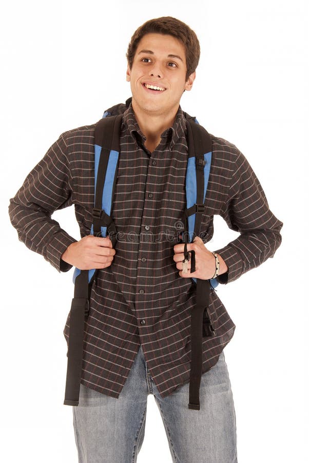 Handsome Young Man with Backpack Smiling Front Vie Stock Photo - Image ...