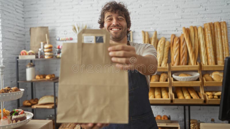 Handsome Young Man in a Bakery Handing Over a Paper Bag with a Smile on ...