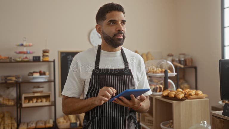 Handsome Young Man in a Bakery Using a Tablet To Manage Orders in an ...