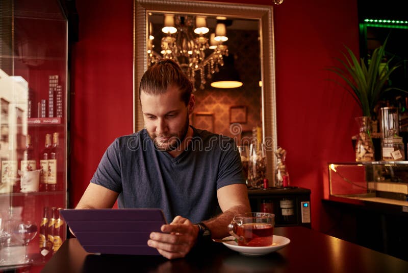 Handsome Young Man in a Bar Stock Photo - Image of message, pensive ...
