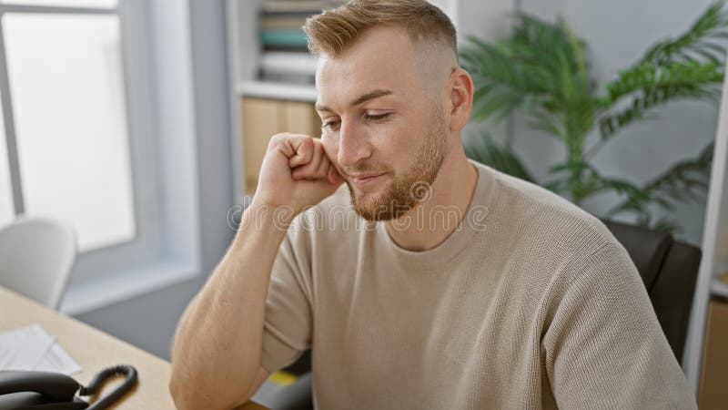 Handsome Young Man with Beard Contemplating in a Modern Office Setting ...