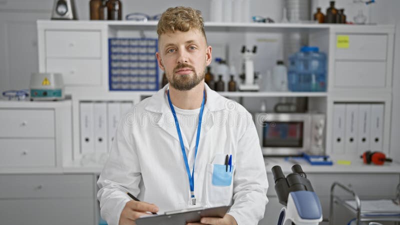 Handsome Young Man with Beard in Lab Coat Holding Clipboard in Medical ...