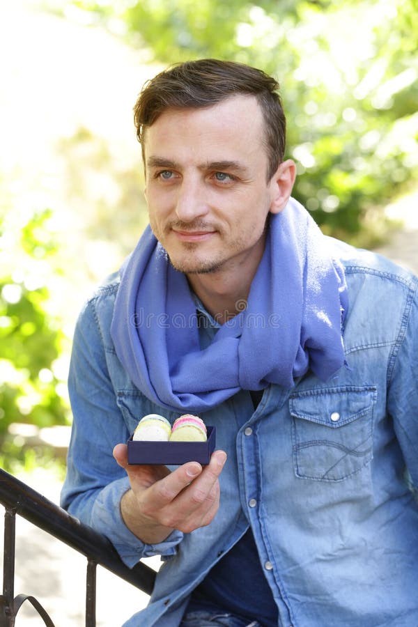 Handsome Young Man with a Box of Macaroons Stock Photo - Image of meal ...