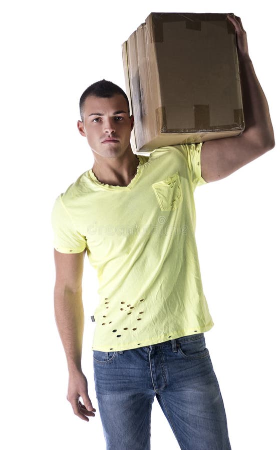 Handsome Young Man Carrying Cardboard Box on Shoulder Stock Image ...