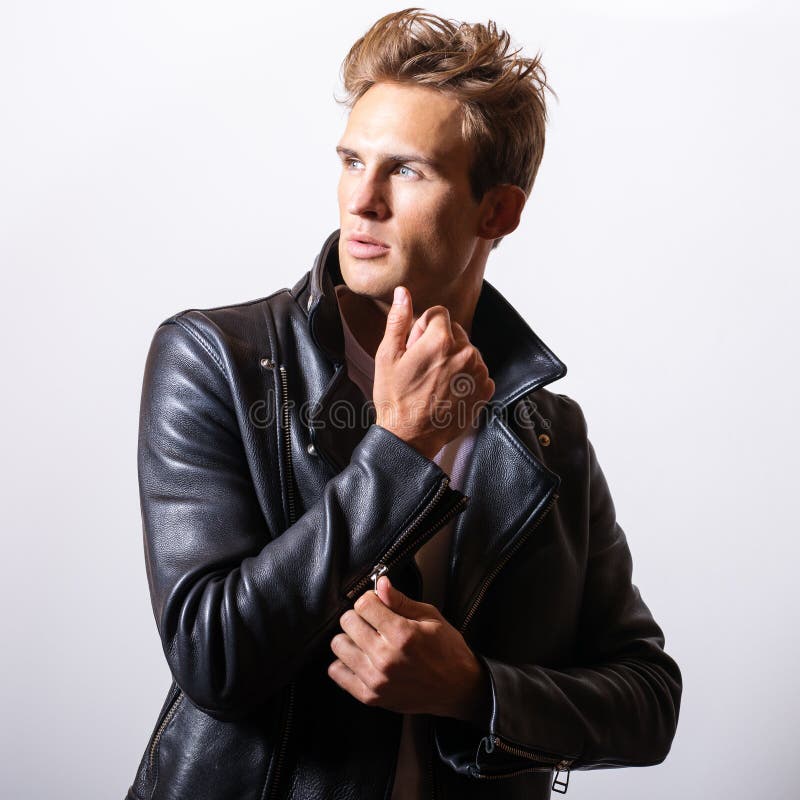 Handsome Young Man in Classic Leather Jacket. Stock Image - Image of ...