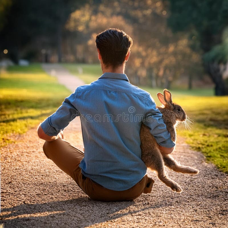Young Man Cuddling a Rabbit, AI Generated Stock Illustration ...