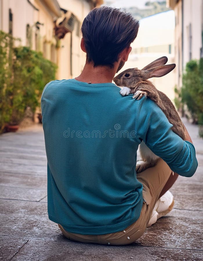 Young Man Cuddling a Rabbit, AI Generated Stock Illustration ...