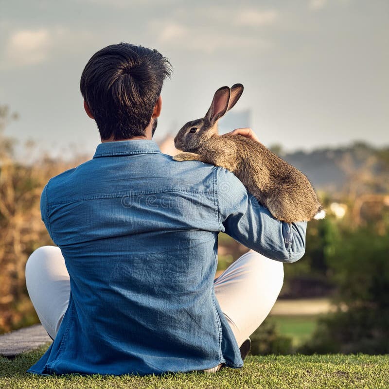 Young Man Cuddling a Rabbit, AI Generated Stock Illustration ...
