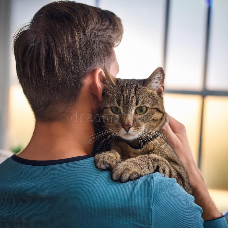 Young Man Cuddling a Cat, AI Generated Stock Illustration ...
