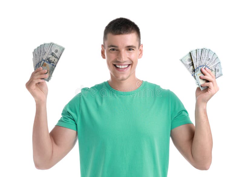 Handsome Young Man with Dollars on White Stock Photo - Image of male ...
