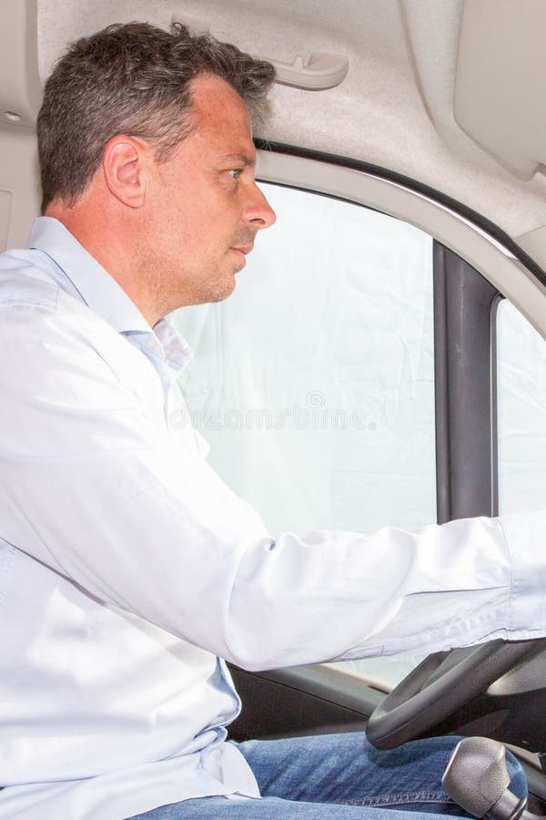 Handsome Young Man Driving His Modern Van Car Profile Guy Portrait ...