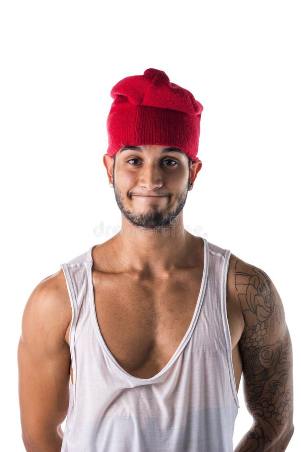 Handsome Young Man in Funny Red Hat Doing Silly Expression Stock Photo ...
