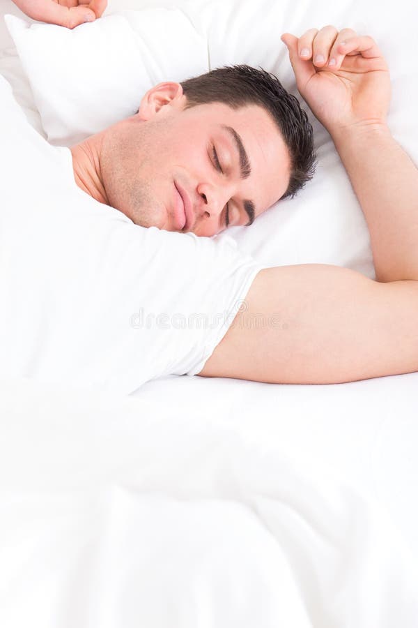 Handsome Young Man Happily Sleeping White Bed Stock Photos - Free ...
