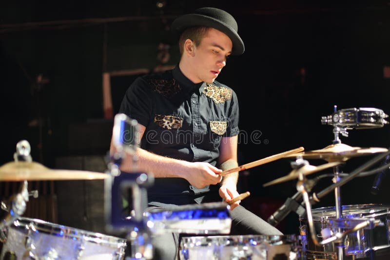 Handsome Young Man in Hat Plays Drum Set Stock Photo - Image of bass ...