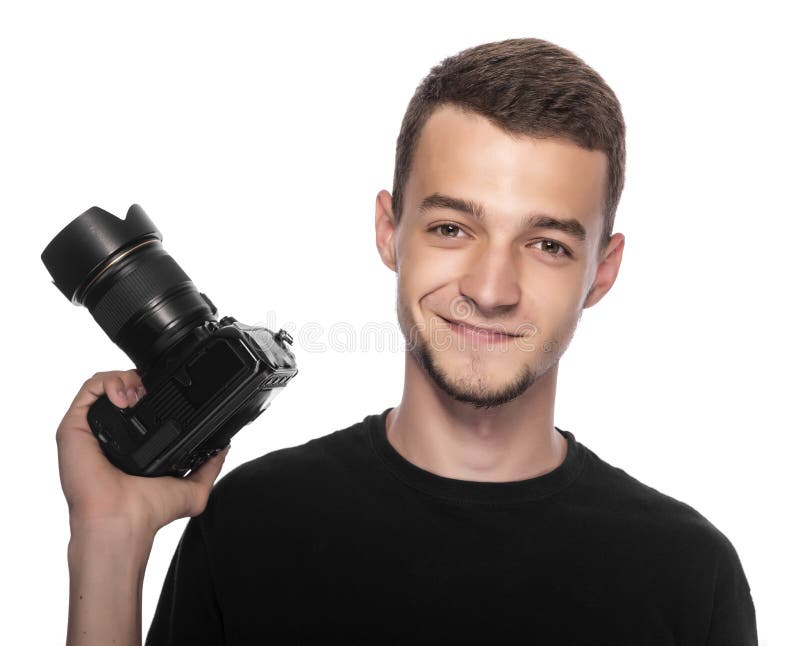 Handsome Young Man Holding a DSLR Camera. Stock Photo - Image of clip ...